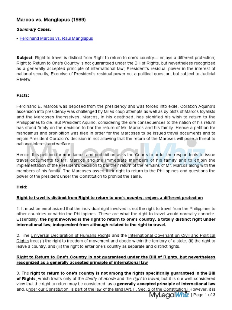Ferdinand Marcos Vs Raul Manglapus | PDF | Freedom Of Movement ...
