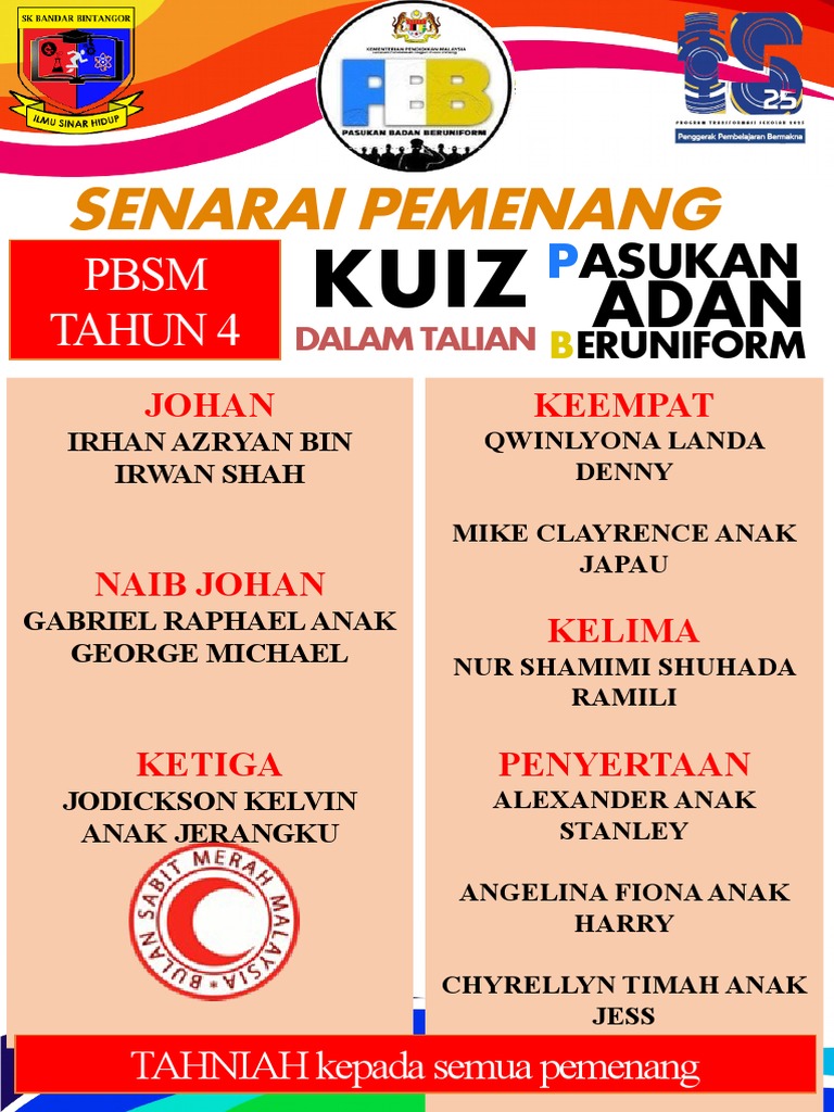 POSTER KUIZ PASUKAN BADAN BERUNIFORM - Senarai Pemenang | PDF