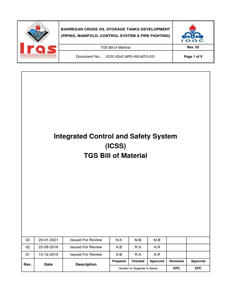 Integrated Control and Safety System (ICSS) TGS Bill of Material ...