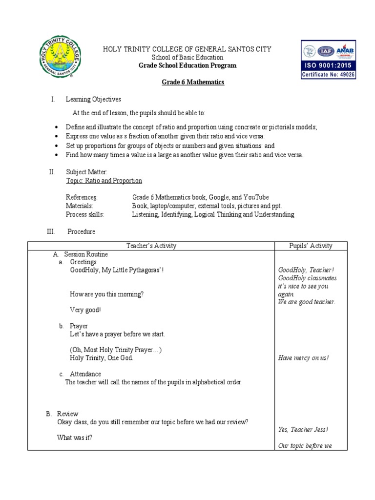 Grade 6 Ratio and Proportion Lesson Plan | PDF | Ratio | Mathematics