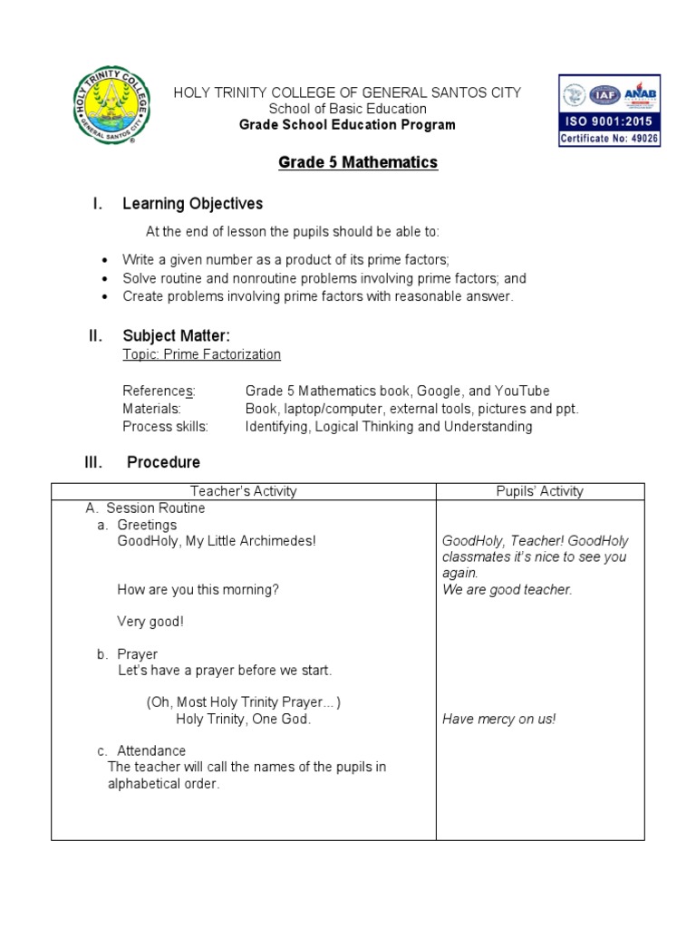 I. Learning Objectives: Grade 5 Mathematics | PDF | Prime Number | Teachers