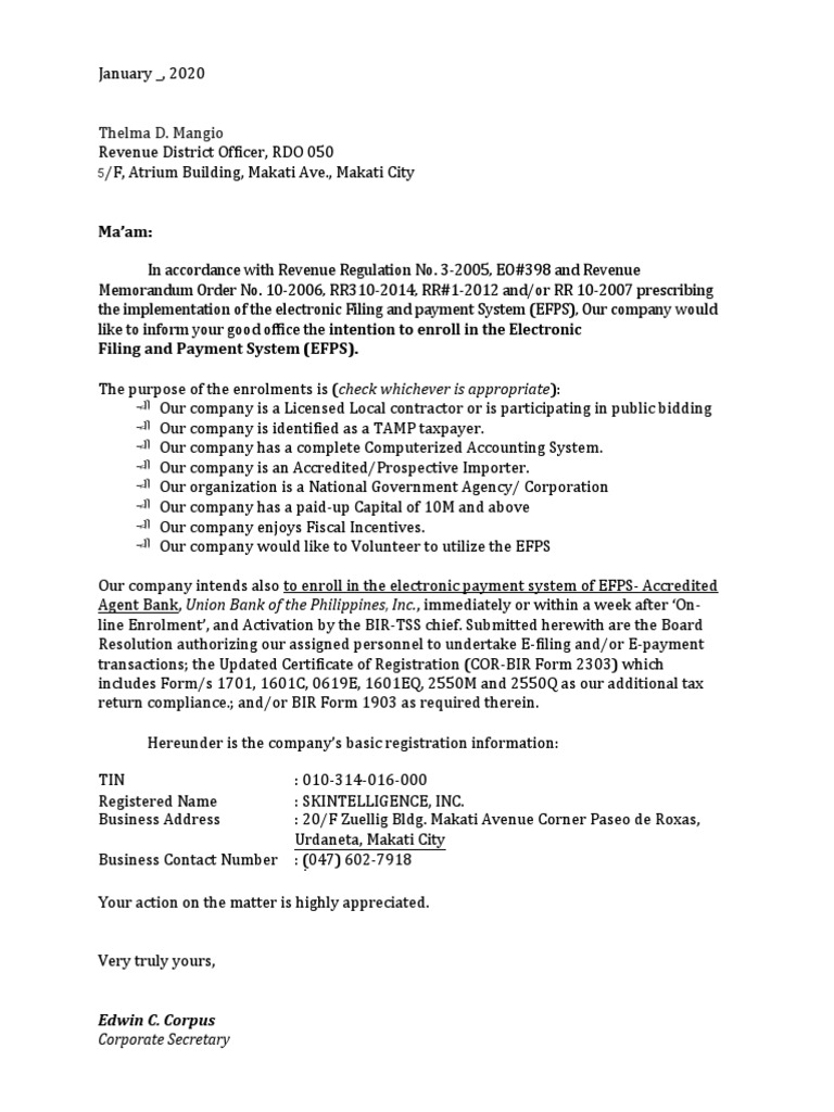 EFPS Letter of Intent Sample | PDF