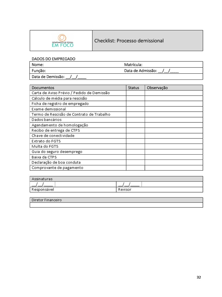 Modelo de Checklist Processo Demissional Departamento de Pessoal em ...