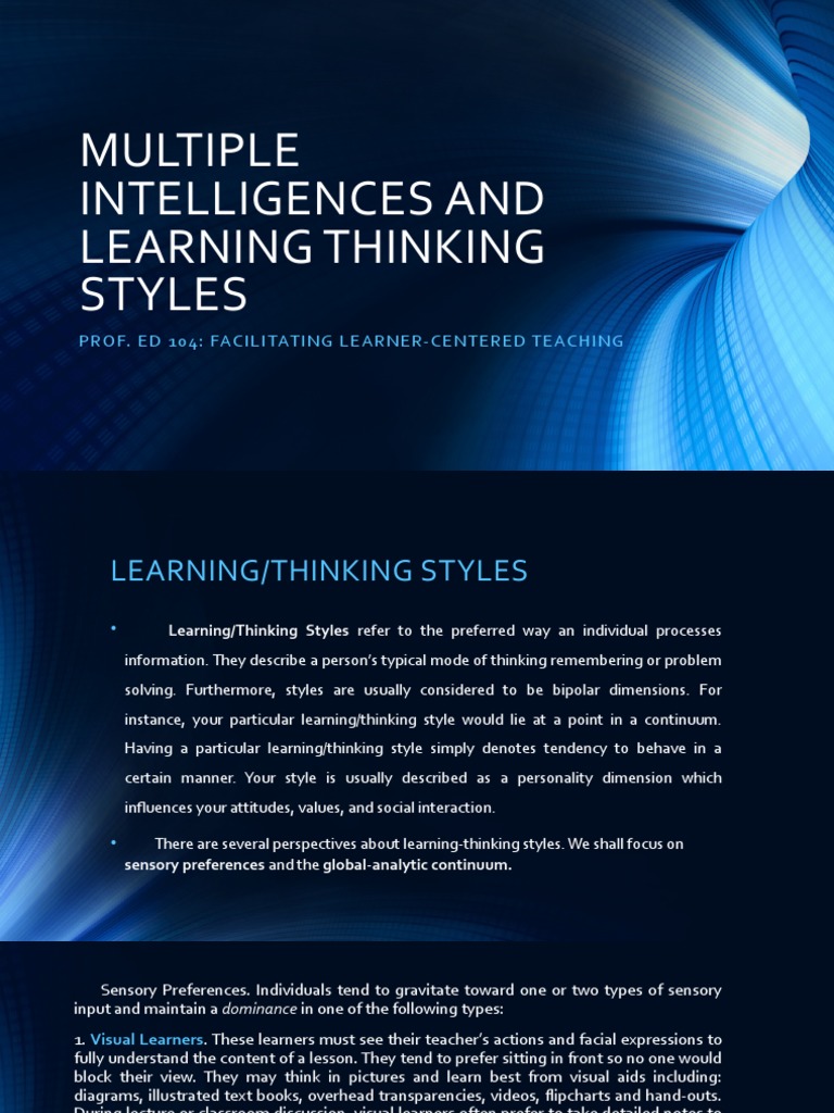 Multiple Intelligences and Learning Thinking Styles | PDF | Learning ...