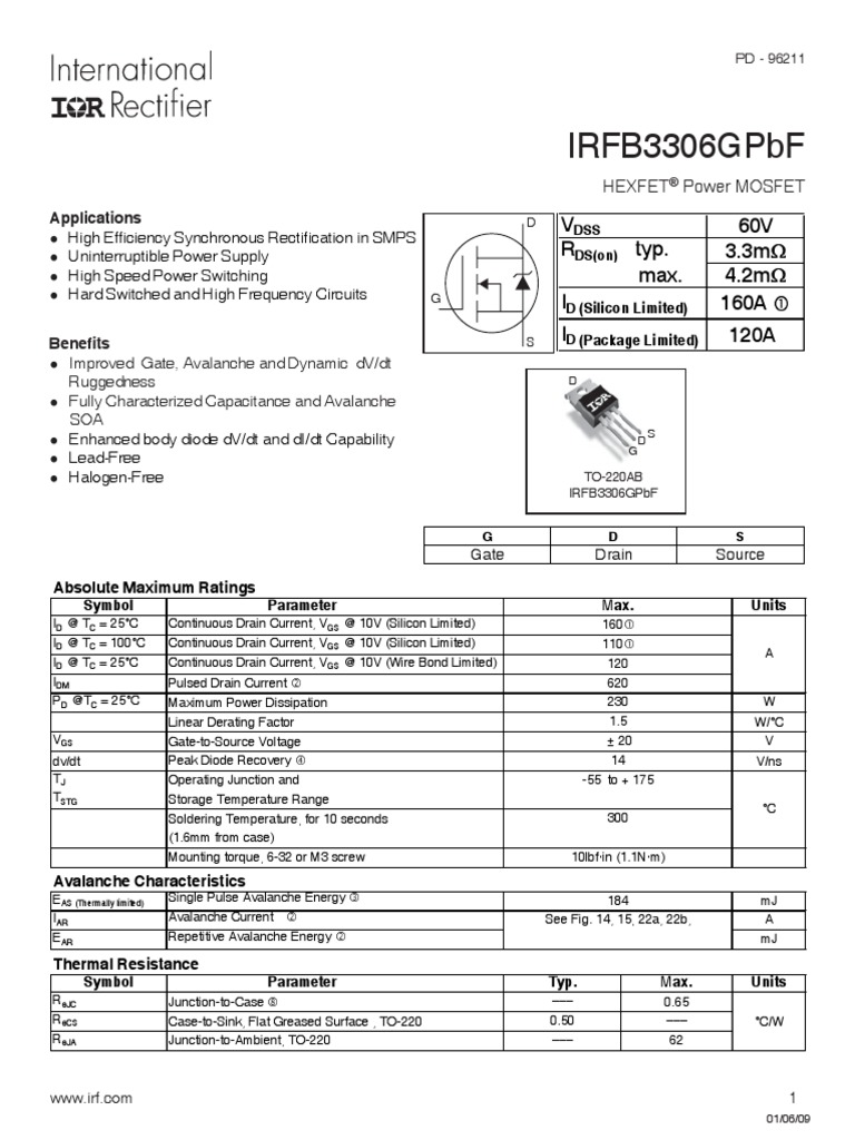 Irfb3306Gpbf: V 60V R Typ. 3.3M Max. 4.2M I 160A C I 120A | PDF