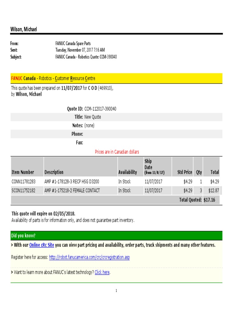 CCM-112017-390040 (CP1A Connector Quote) | PDF | Service Industries ...