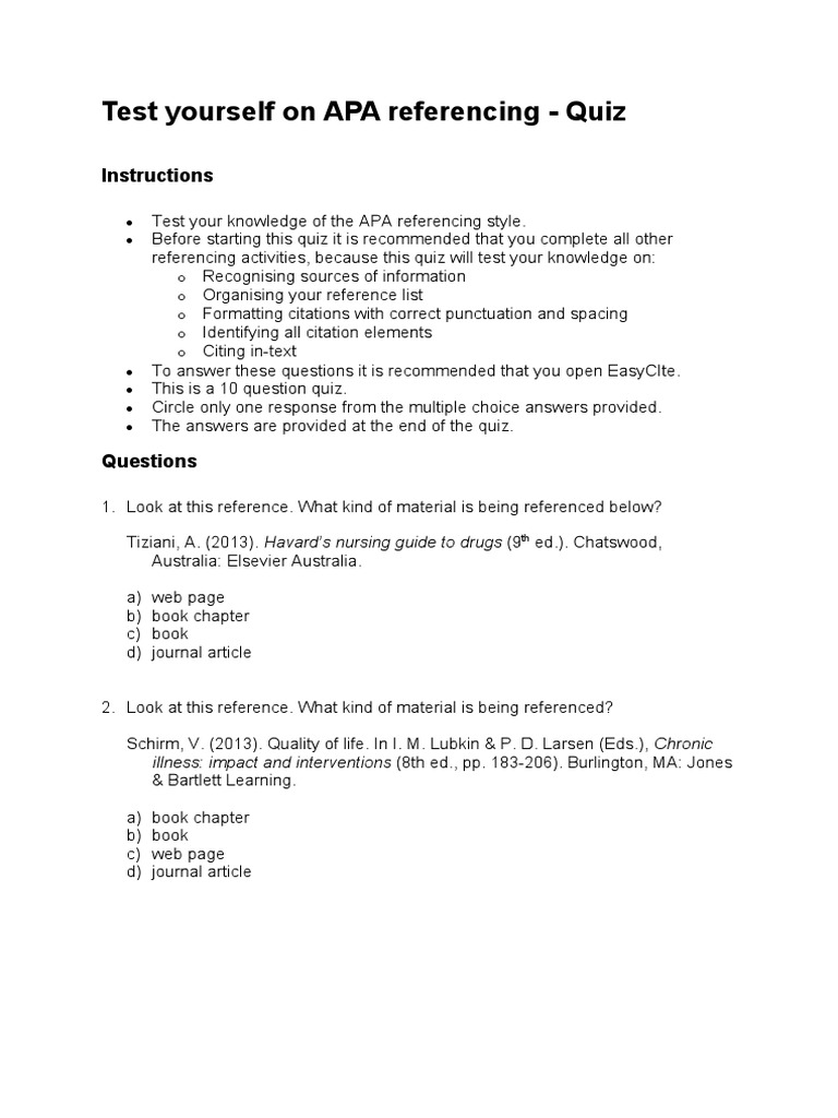 Test Yourself On APA Referencing - Quiz: Instructions | PDF