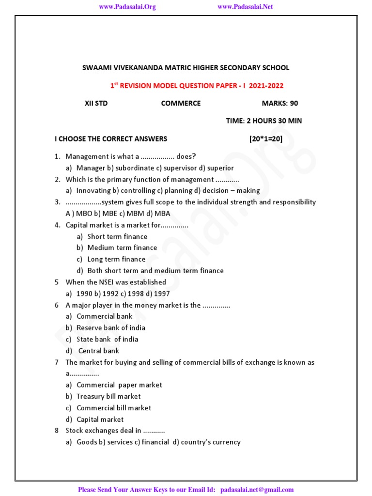 12th Commerce Model Question Paper | PDF | Trade | Market (Economics)
