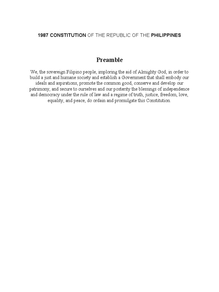 Preamble: 1987 Constitution of The Republic of The Philippines | PDF
