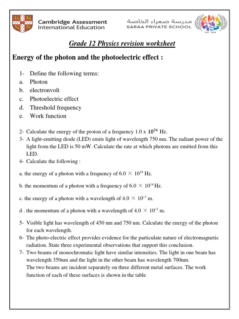 Grade 12 Physics Revision Worksheet: Energy of The Photon and The ...