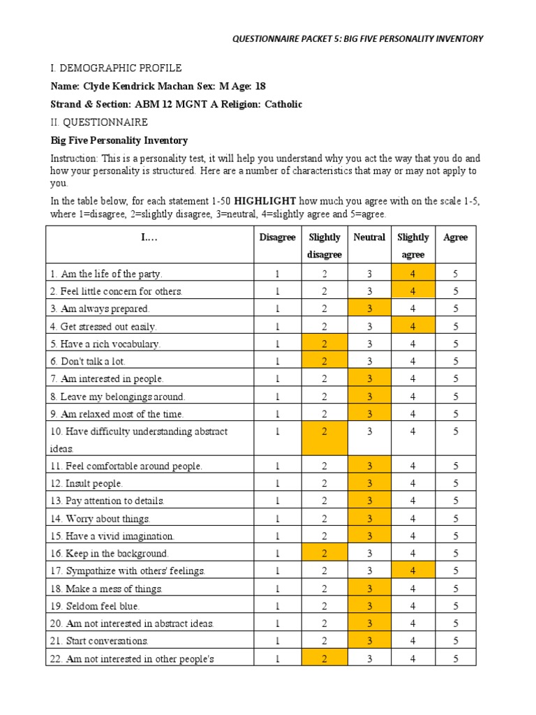 PERDEV Big Five Personality Inventory Response | PDF | Behavioural ...