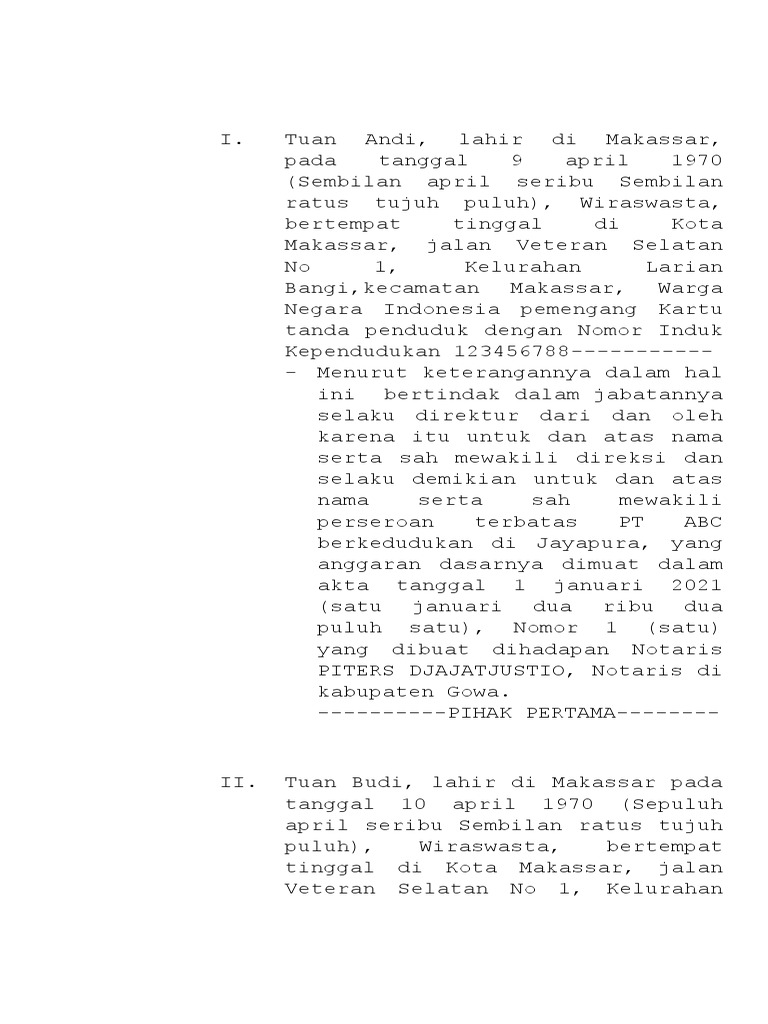 Contoh Awal Akta, Komparisi Dan Badan Akta | PDF