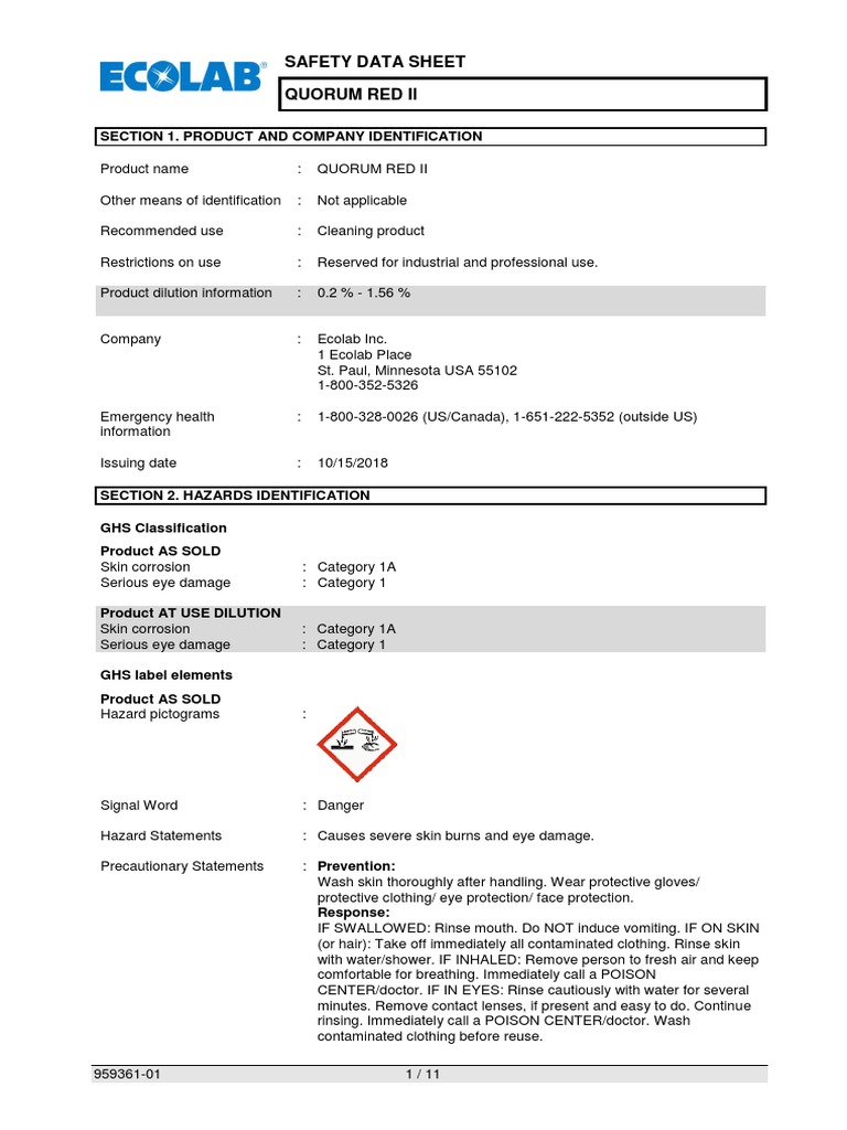 Safety Data Sheet Quorum Red Ii: Section 1. Product and Company ...