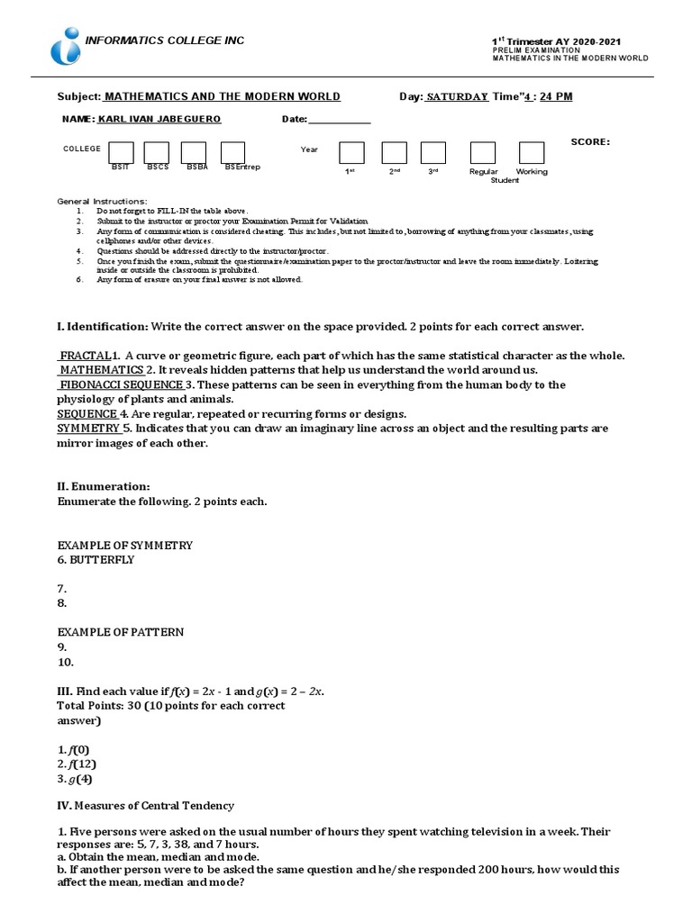 Prelim Examination - Math in The Modern World | PDF | Mode (Statistics) | Mean
