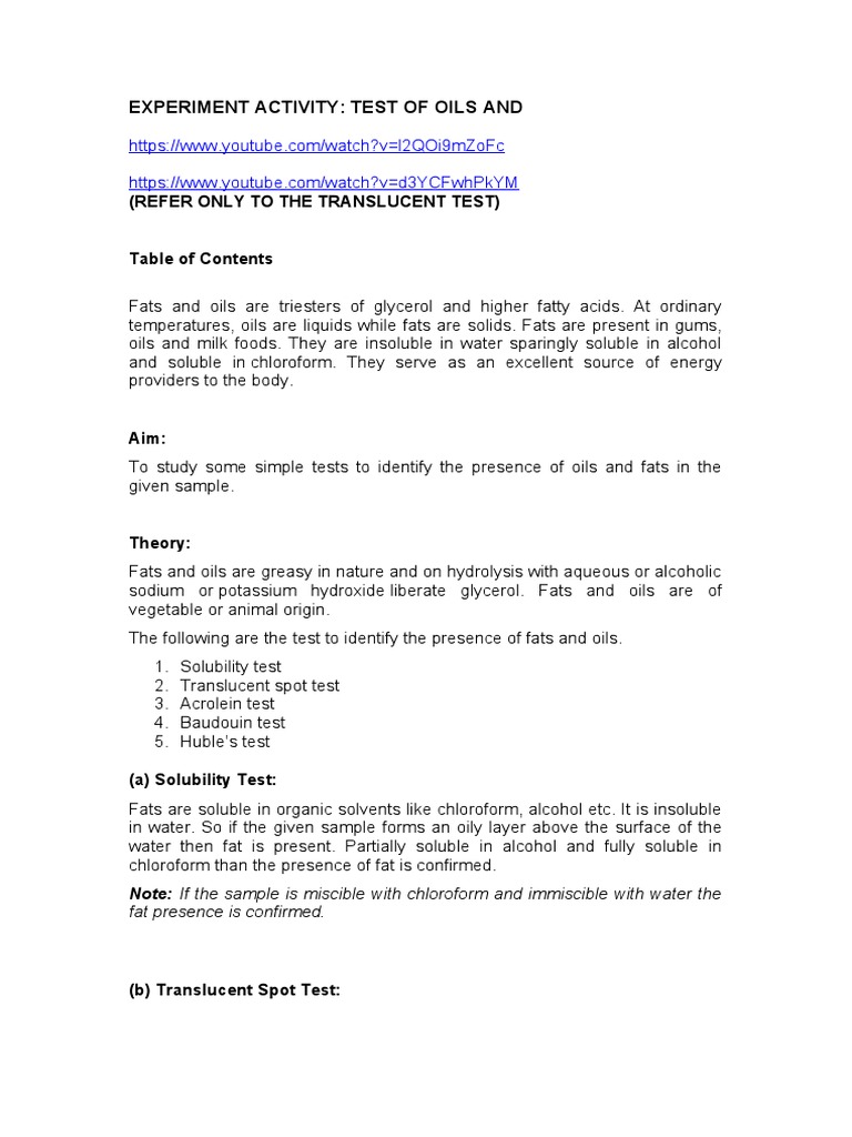 Experiment Activity: Test of Oils And: (Refer Only To The Translucent ...