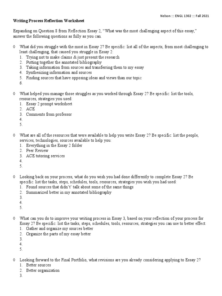 Writing Process Reflection Worksheet 1302 Essay 2 | PDF | Essays | Pedagogy