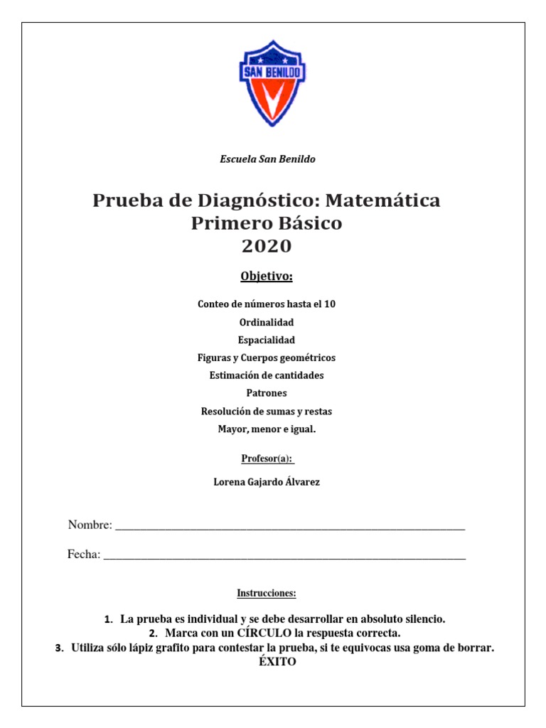Prueba Diagnóstica Matemática 1° Básico | PDF