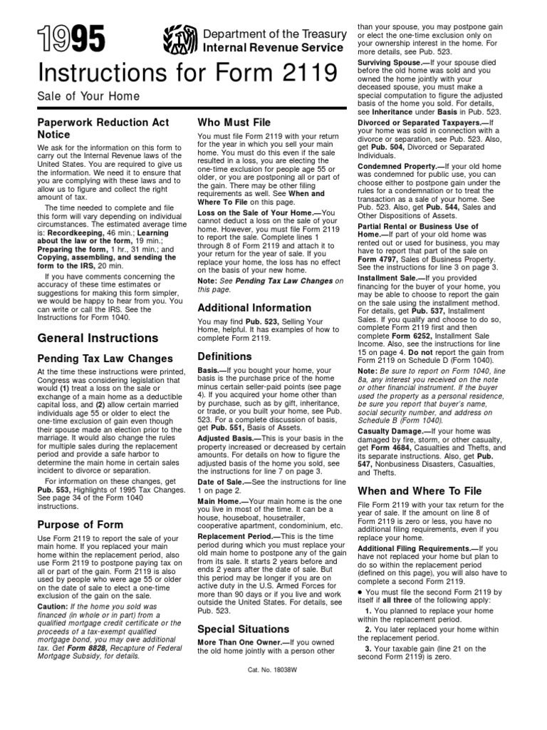 IRS Form 2119 Instructions for Home Sale | PDF | Taxation In The United ...