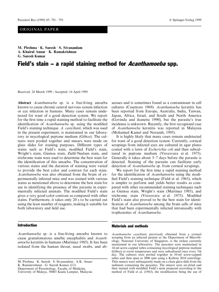 Field's Stain A Rapid Staining Method For SPP.: Acanthamoeba | PDF ...