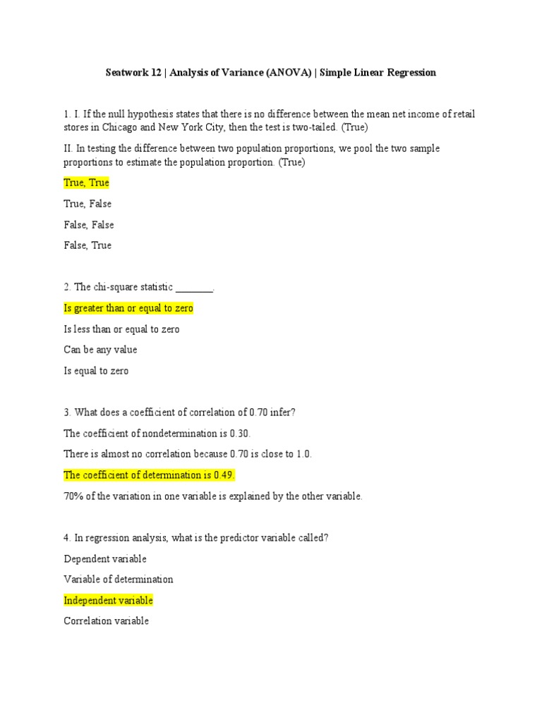 Seatwork 12 Analysis of Variance ANOVA Simple Linear Regression | Download Free PDF | Analysis ...