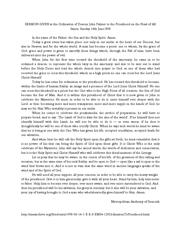 Sermon - at The Ordination To Priesthood | PDF | Ordination | Grace In ...