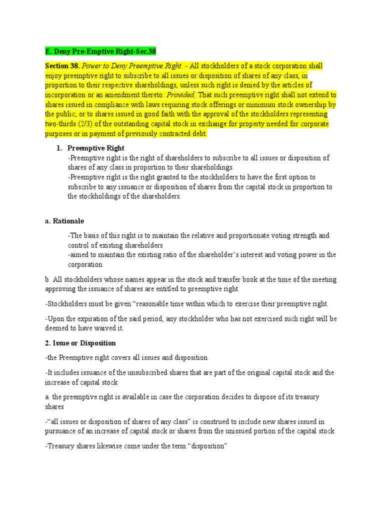 E. Deny Pre-Emptive Right-Sec.38 Section 38. Power To Deny Preemptive ...