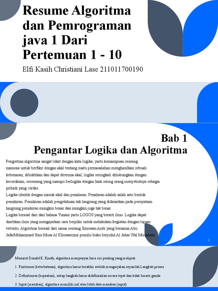 ELFI KASIH CHRISTIANI LASE - 211011700190 - Resume Algoritma Dan Pemrograman Java 1 Pertemuan 1 ...
