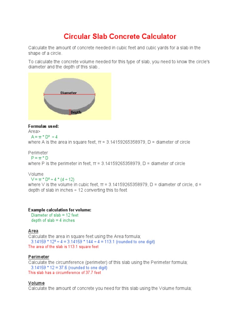Circular Slab Concrete Calculator: Formulas Used | PDF | Area | Volume