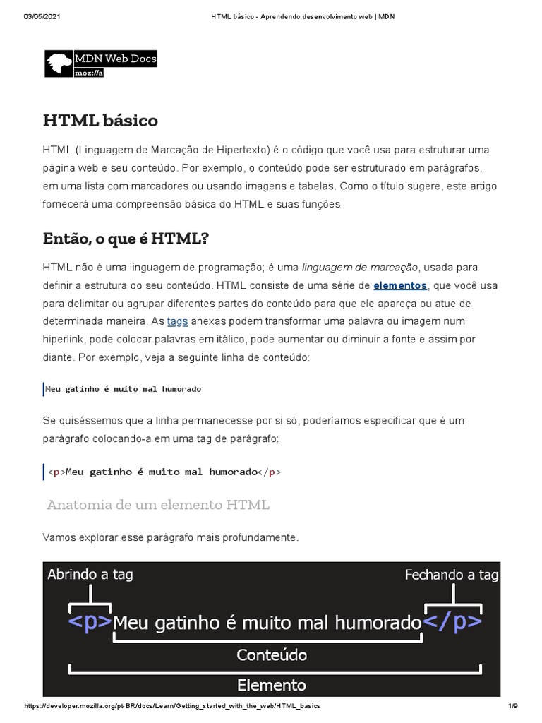 HTML Básico - Aprendendo Desenvolvimento Web - MDN | PDF | Html | Rede mundial de computadores