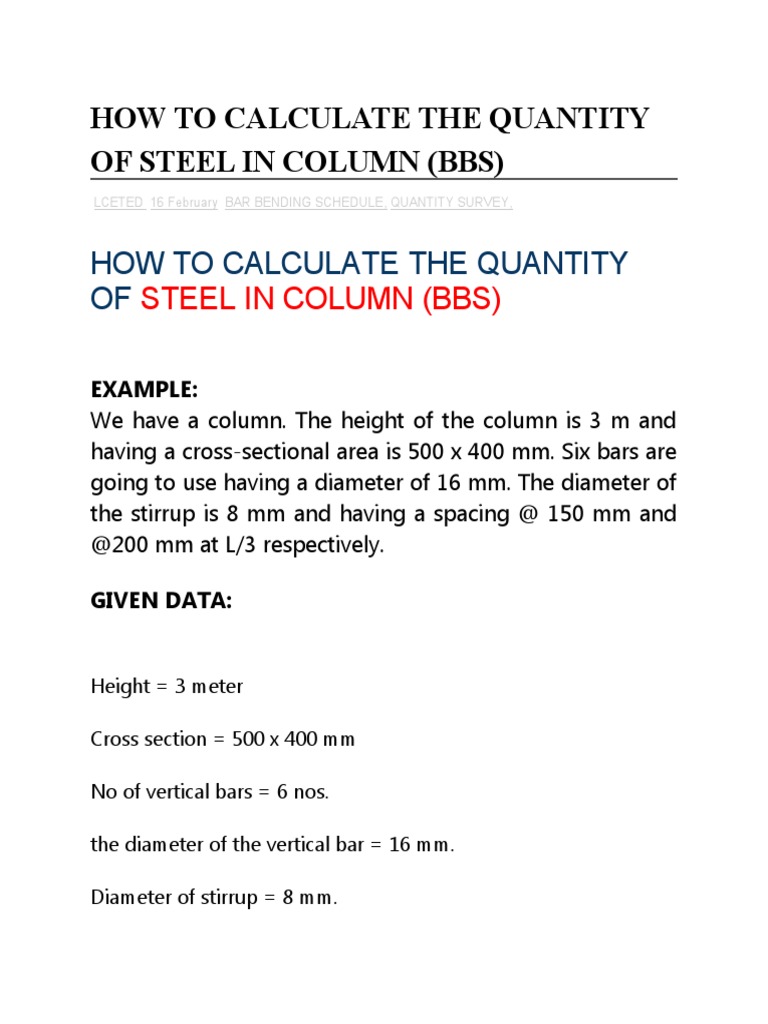 How To Calculate The Quantity of Steel in Column (BBS) | PDF | Column | Bending