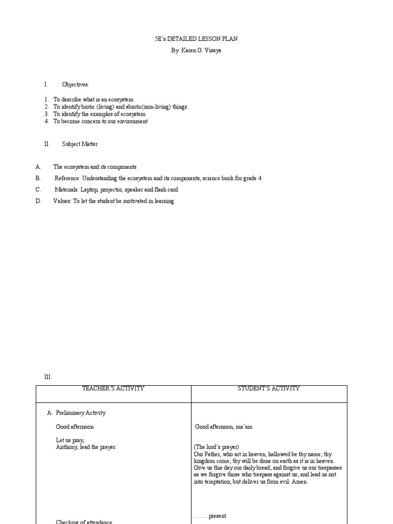 Ecosystem Lesson Plan for Grade 4 | PDF | Ecosystem | Lord's Prayer