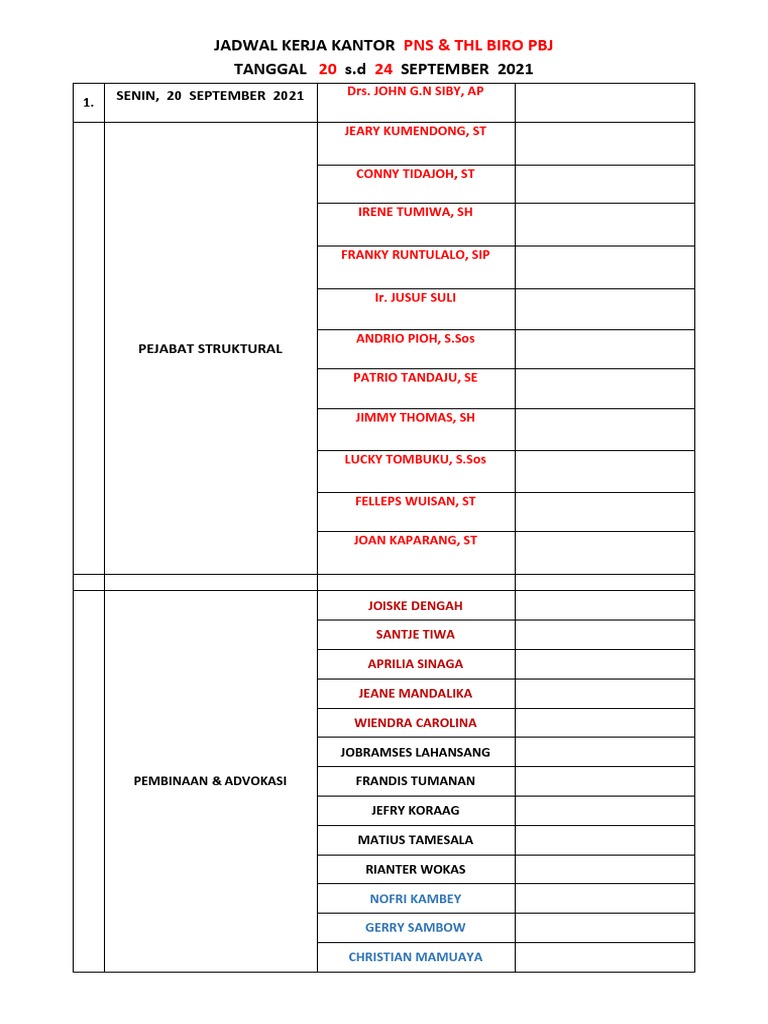 Jadwal WFO 20 - 24 SEPTEMBER 2021 | PDF