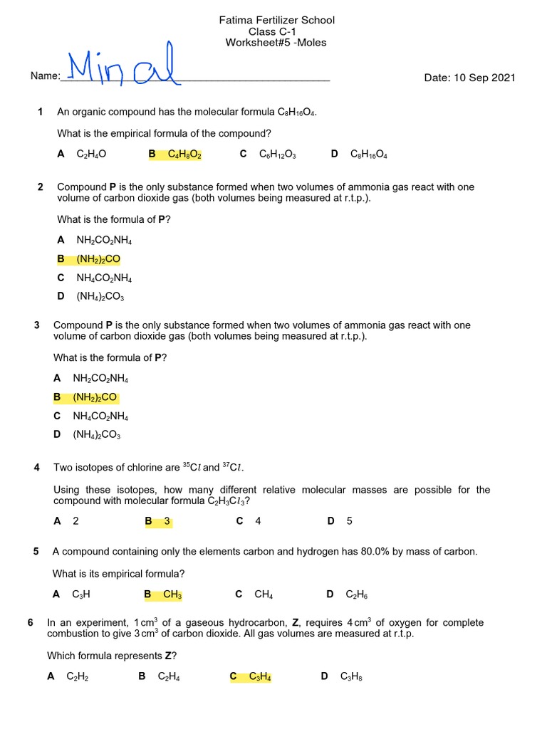 Chemistry Worksheet 5 (Moles) | PDF | Titration | Chemistry