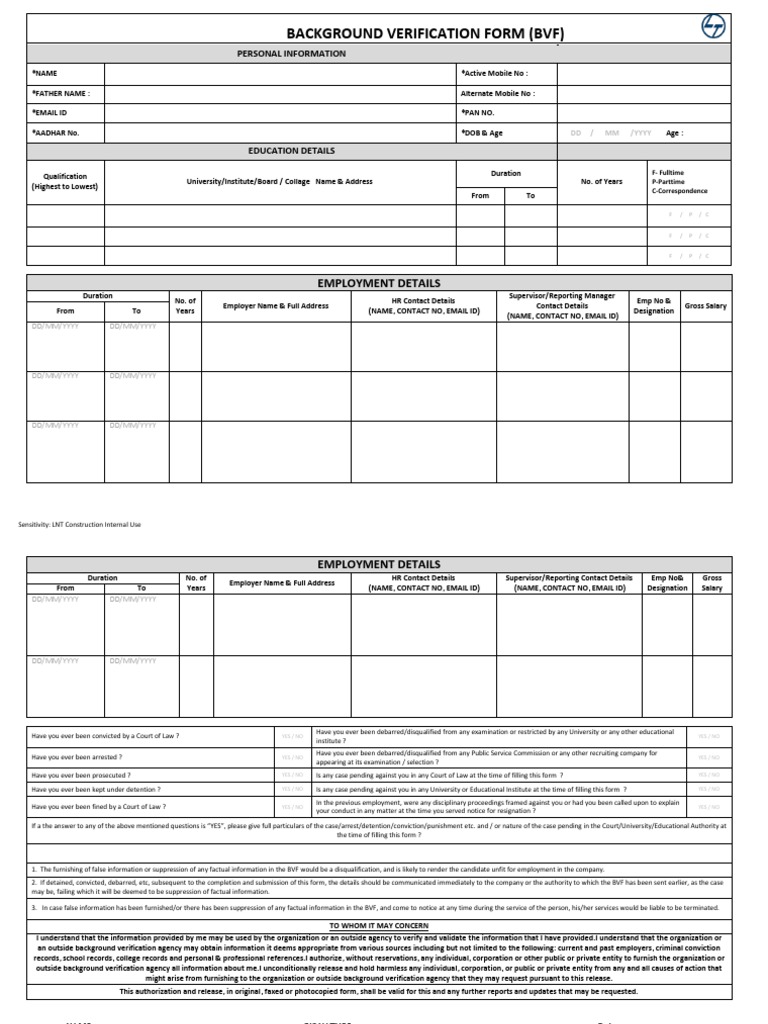 Background Verification Form (BVF) : Personal Information | PDF ...