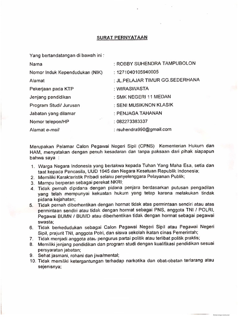 Contoh Scan Surat Pernyataan 13 Point CPNS | PDF