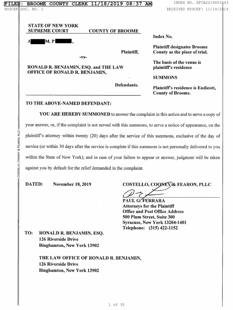 Efca2019003543 A M P V Ronald R Benjamin Esq Et Al Summons Complaint 1 ...