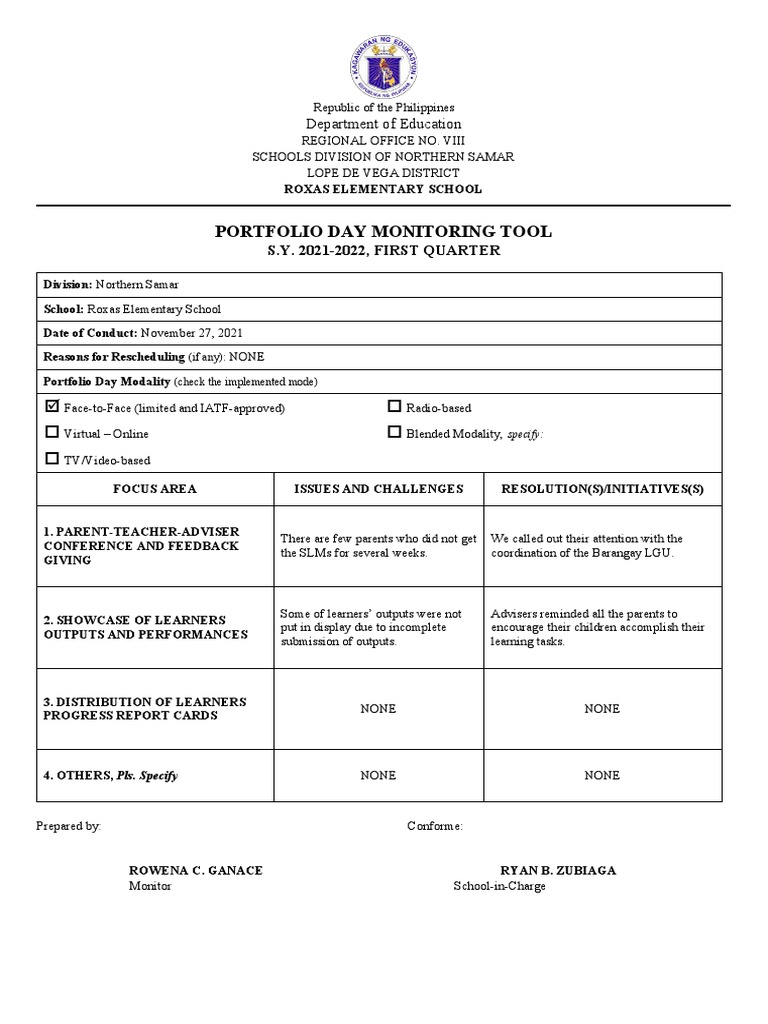 Portfolio Day Monitoring Tool: S.Y. 2021-2022, FIRST QUARTER | Download ...
