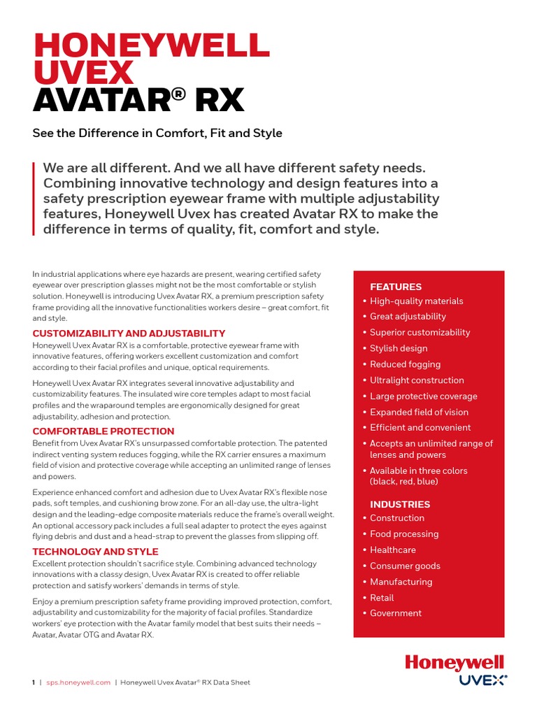 Honeywell Uvex Avatar RX Data Sheet NA ENG | PDF | Glasses | Equipment