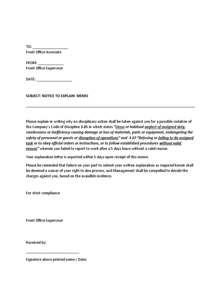 Notice to Explain Memo for Negligence | PDF