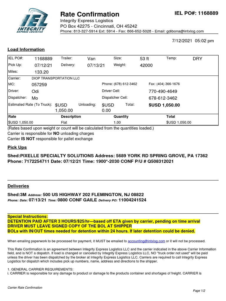 Rate Confirmation: Integrity Express Logistics PO Box 42275 ...