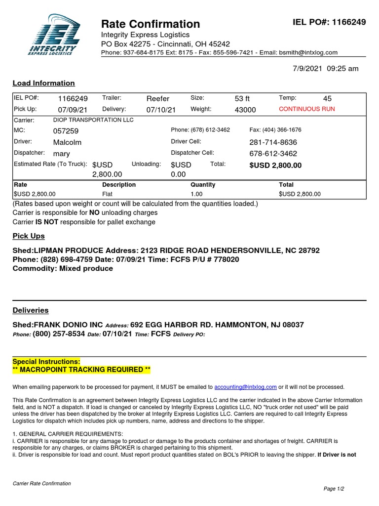 Rate Confirmation: Integrity Express Logistics PO Box 42275 ...