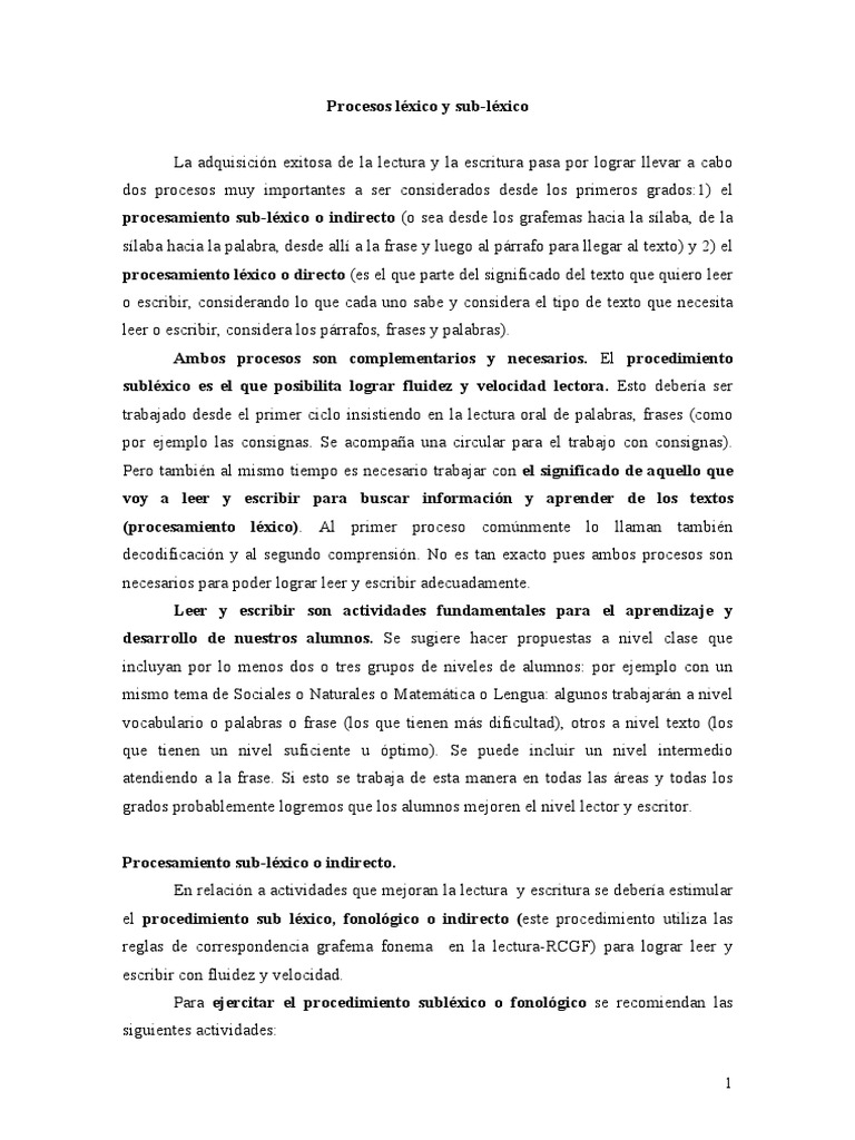 Procesos Léxico y Sub-Léxico en Lecto-Escritura | PDF | Palabra | Escritura