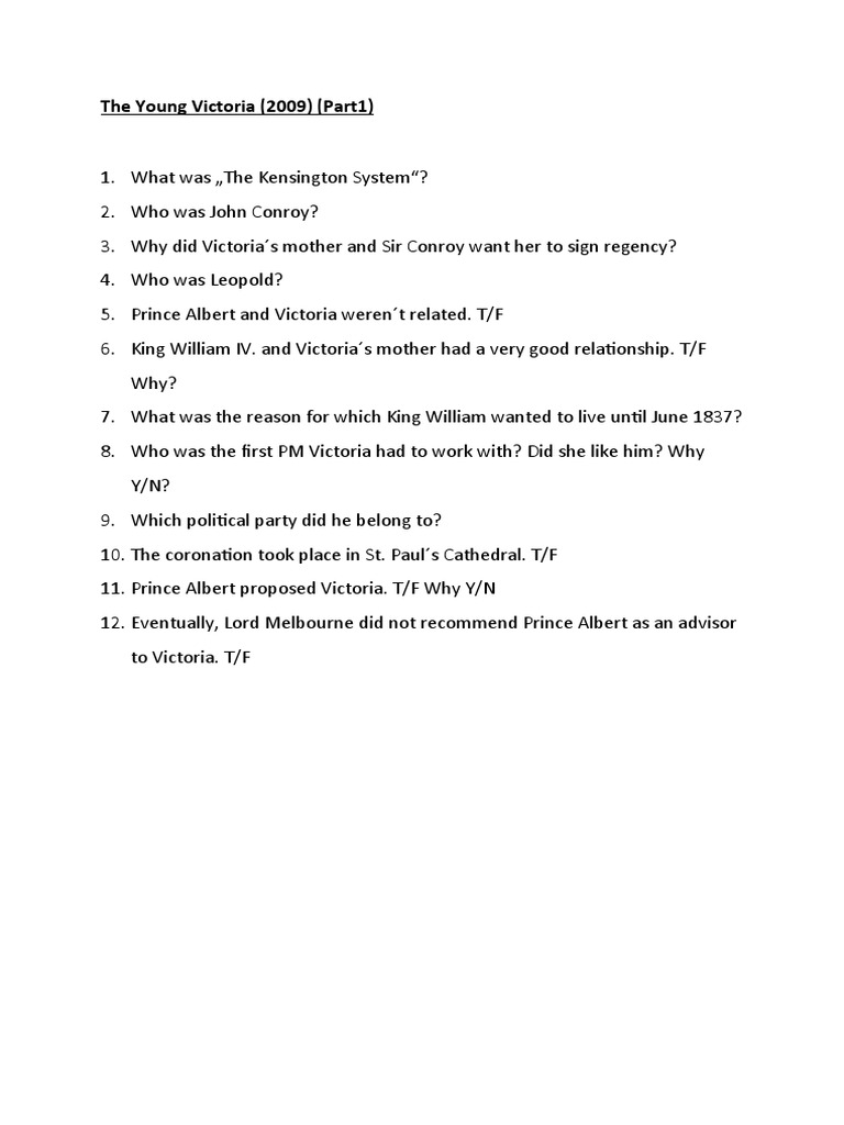 The Young Victoria - Worksheet - Pt1 | PDF