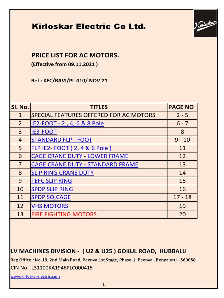 Kirloskar Electric Co LTD.: Price List For Ac Motors | PDF ...