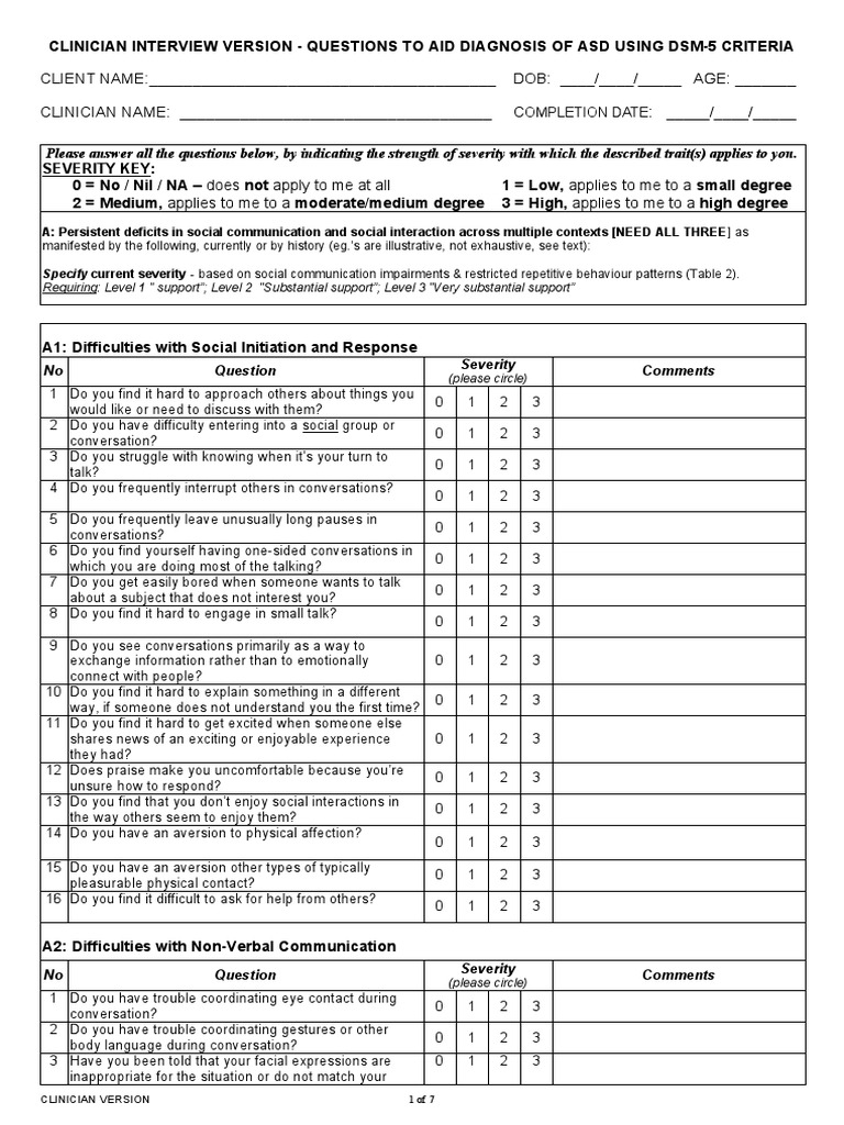 ASD Diagnosis Interview Questions | PDF | Autism | Autism Spectrum