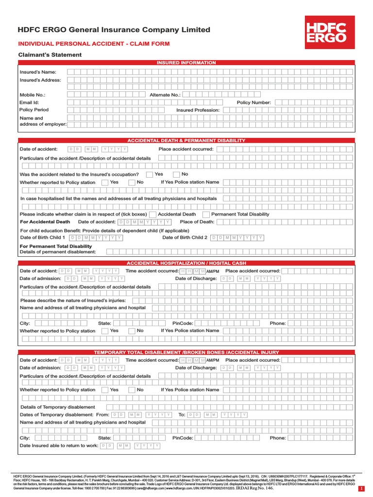 HDFC ERGO Personal Accident Claim Form | PDF | Cheque | Insurance