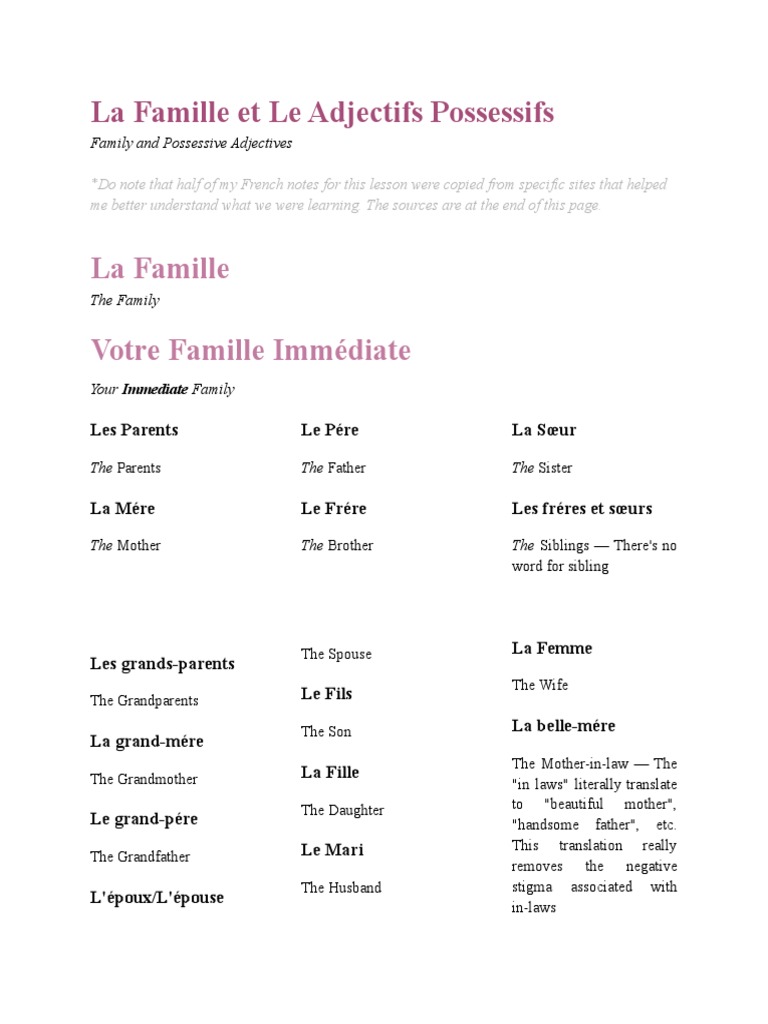 La Famille et Les Adjectifs Possessifs | PDF | Grammatical Gender | Noun