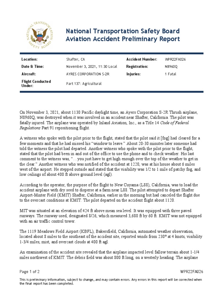 Shafter Aviation Accident Report | PDF | Aviation | Aviation Safety