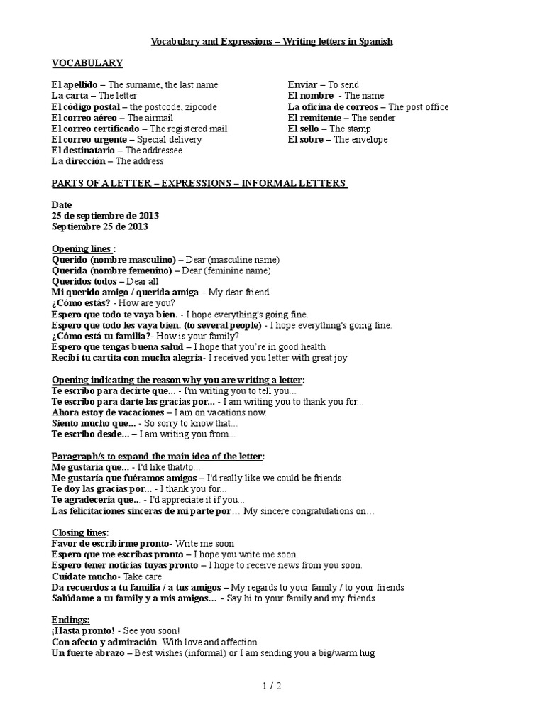 Vocabulary Writing Spanish Letters | PDF