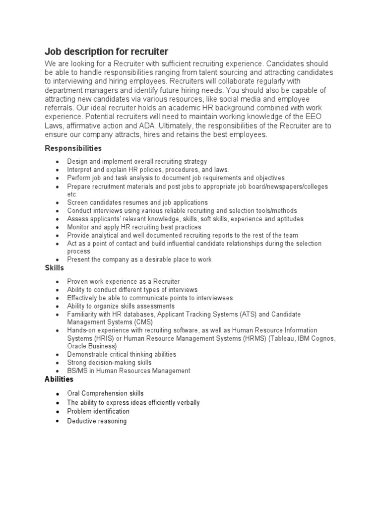 Job Description For Recruiter | PDF | Recruitment | Human Resource ...